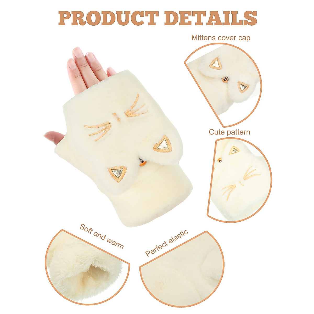 SATINIOR 2 Pairs Winter Gloves Thick Warm Soft Plush Convertible Flip Top Mittens Full Finger Gloves for Women Girls (White, Black, Cat)