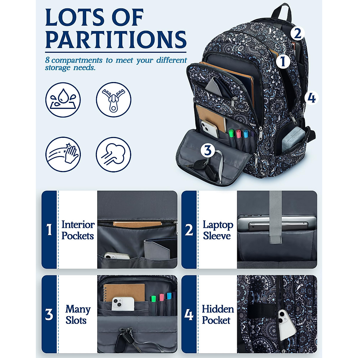 Large Travel Backpack for Women College Campus Bookbag XL Lightweight School Bag Fits 15.6 Inch Laptop Water-resistant Casual Daypack Airline Approved Carry On Backpack Grey Paisley Mochilas De Mujer