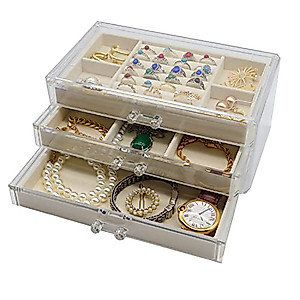 DQUTAR Acrylic Jewelry Organizer with 3 Drawers, Velvet Clear Jewelry Box for Earring Necklace Ring & Bracelet Display Storage Case for Women Girls