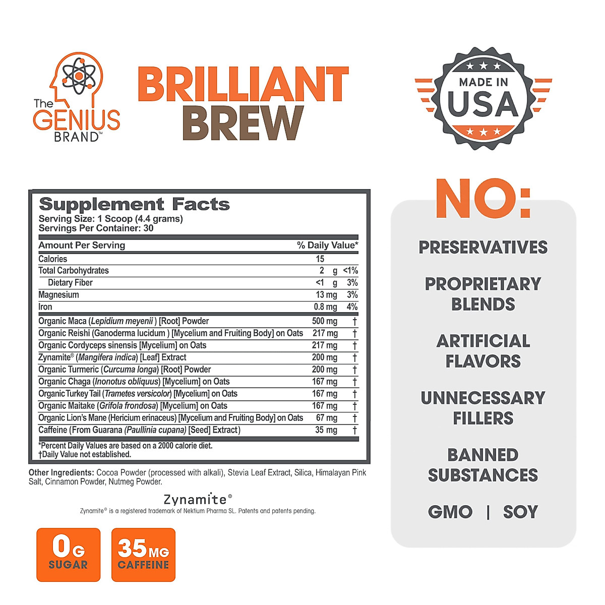 Genius Brilliant Brew, Coffee Alternative- Nootropic Adaptogen Mushroom Coffee Substitute, Natural Energy with No Jitters & Crash - 0 Sugar, No Preservatives or Artificial Flavors, Non-GMO & Soy-Free