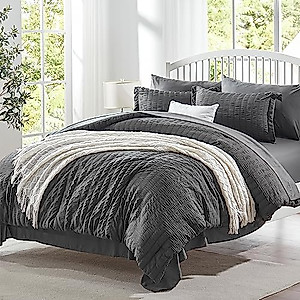 Zzlpp Queen Comforter Set 7 Pieces, Dark Grey Seersucker Bed in a Bag with Comforter and Sheets, All Season Bedding Sets with 1 Comforter, 2 Pillow Shams, 2 Pillowcases, 1 Flat Sheet, 1 Fitted Sheet