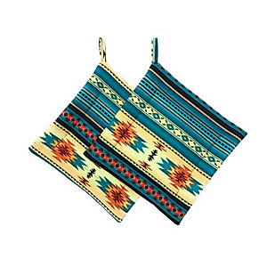 Southwest Black Teal Orange on Cream Ties On Stays Put Kitchen Bathroom Hanging Loop Hand Dish Towel and Set of 2 Square Hot Pad Pot Plate Holders Trivets Hostess Housewarming Gift