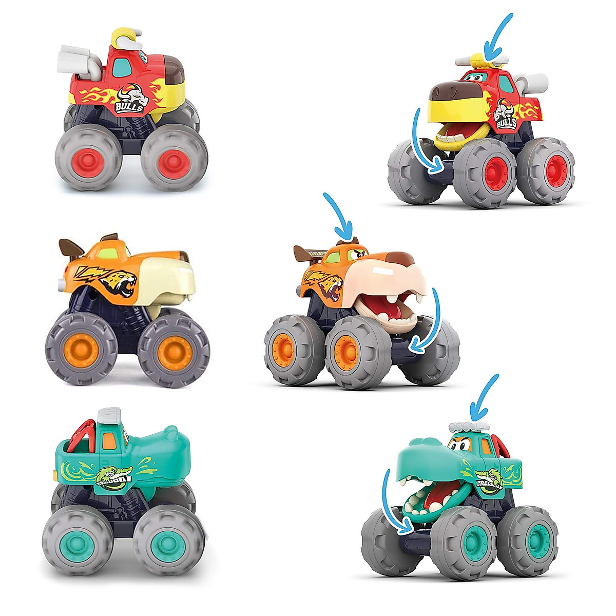 Monster Trucks Gift Set – 3 Trucks with Pull Back, Friction Power and Free Wheel Function – Baby and Toddler Toy Cars with Fun Animal Theme – for 12+ Months / 1 Year