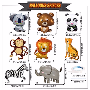 8 Pcs Safari Animal Balloons Jungle Safari Birthday Party Decorations Giant Elephant Lion Monkey Panda Zebra Animal Foil Balloons Safari Balloons for Boys Wild One Baby Shower Zoo Party Decorations