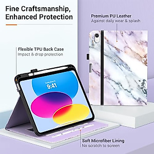 MoKo for iPad 10th Generation Case iPad 10.9 Inch Case 2022 with Pencil Holder, Multi-Angle Viewing iPad Case 10th Generation with Soft TPU Back Hand Strap for iPad 10th Gen 2022, Marble Purple