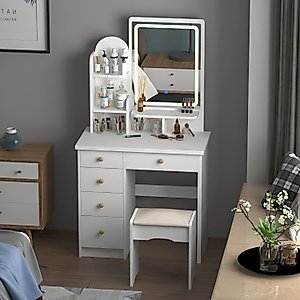 AIEGLE Vanity Desk Set with Lighted Rectangular Mirror, 3 Colors LED Lighted Makeup Vanity Drawer Dressing Table with Open Shelves & Cushioned Stool, Vanity Stool Set, White - Rectangular Mirror