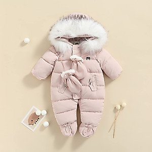 WALLARENEAR Infant Baby Boys Girls Winter Snowsuit Romper Hoodied Footie Outwear Toddler Jumpsuit Down Coat Jacket with Gloves (Pink, 12-18 Months)