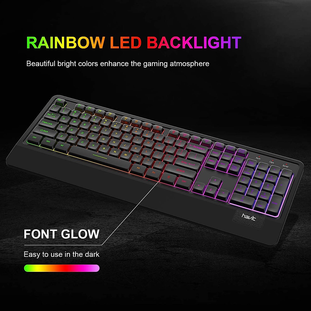 havit Wired LED Keyboard, Rainbow Backlit Computer Keyboard Ergonomic LED Gaming Keyboards Wrist Rest 104 Keys for Office PC Desktop Laptop Game Black