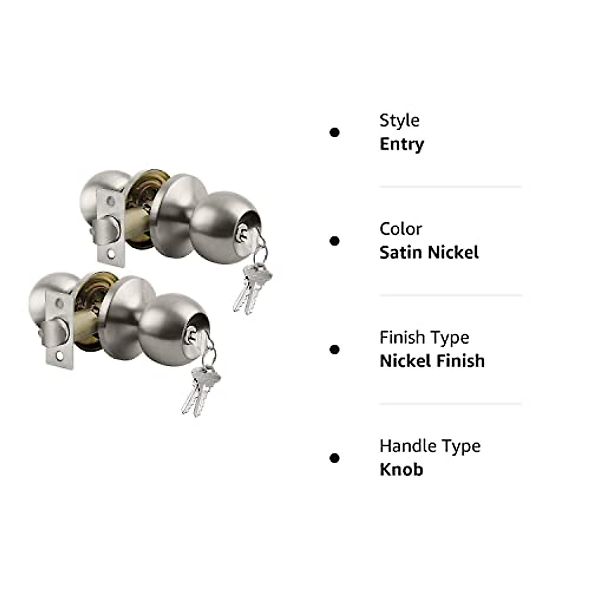 BESTTEN [2 Pack] Entry Door Knob with Lock, Keyed Different Door Lock for Exterior Door and Front Door, Standard Ball, Satin Nickel, Adjustable Latch