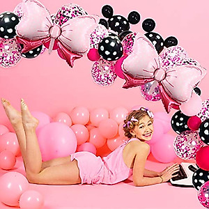 119 Mouse Balloon Garland Arch Kit Includes Pink Bow Foil Balloons, Pink Rose Red Black Dot Latex Balloons with Balloon Strip and Glue Points for Mouse Theme Party Baby Shower Birthday Wedding Decor