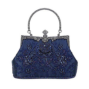 KISSCHIC Women's Handbag Vintage Rose Embroidered Beaded Sequin Evening Bag Wedding Party Clutch Purse (Navy Blue)