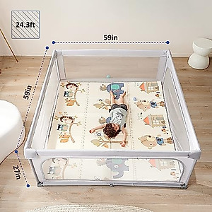 Sweeby Baby Playpen, Portable Foldable Baby PlayPens for Babies and Toddlers with Gate, 59x59 Large Baby Play Yards with Door, Indoor & Outdoor Playpen, Light Grey
