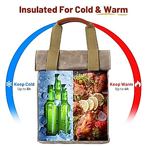 Corebes Insulated Lunch Bag for Men/Women, 11L Waxed Canvas Lunch Box with Adjustable Shoulder Strap & Double Hook-and-Loop Handles for Work Picnic Hiking