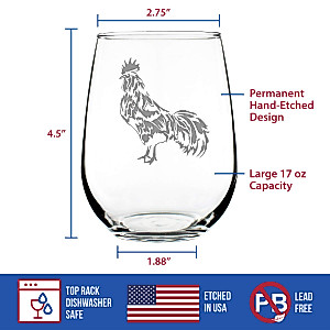 Rooster Stemless Wine Glass - Cute Funny Farm Animal Themed Decor and Chicken Gifts - Large 17 Oz