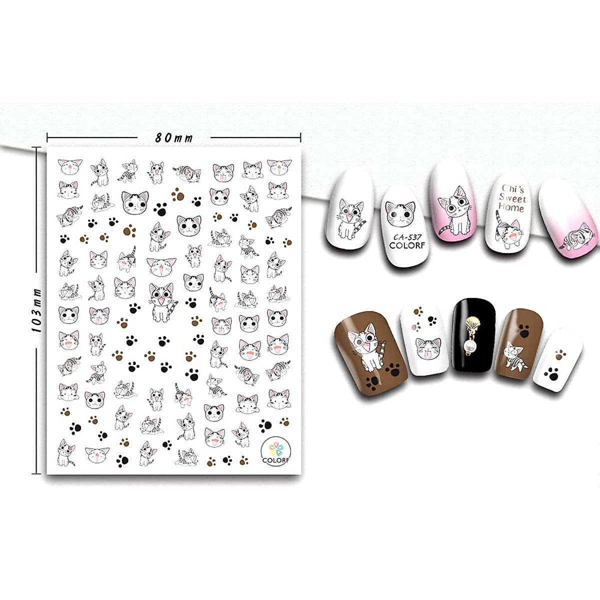 6 Sheets Cute Cat Nail Art Stickers Cartoon Nail Decals 3D Nail Art Supplies Self-Adhesive Cat Cartoon Designer Nail Stickers Manicure Tips Acrylic Nails Decoration Accessories for Women Kids Girls