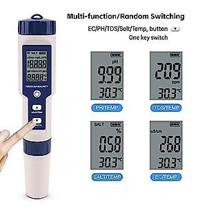 5 in 1 Portable Digital PH/Salinity/Temp/TDS/EC Meter, IP67 Portable Multifunctional Water Quality Detector for Drinking Water Aquariums