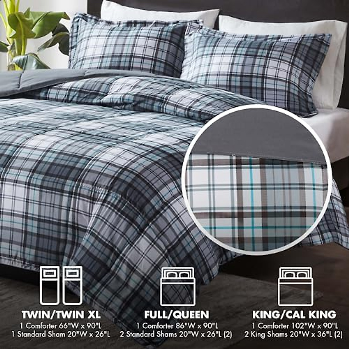 Madison Park Essentials Parkston Plaid Comforter, Matching Sham, 3M Scotchguard Stain Release Cover, Hypoallergenic All Season Bedding-Set, Full/Queen, Grey, 3 Piece