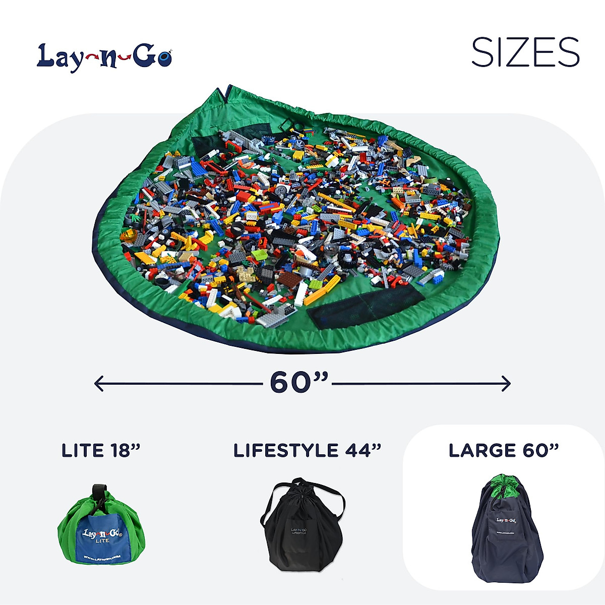 Lay-n-Go 2-in-1 Extra Large Portable Drawstring Toys Storage Organizer and Play Mat for Room and Travel, Made for Kids and Toddlers with a Durable Patented Design, 60 inch, Green