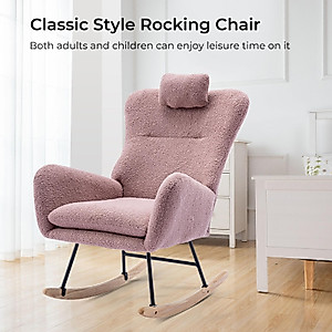 Unovivy Rocking Chair Nursery, Teddy Upholstered Nursing Armchair with Wood Base, Baby Glider Rocker with Headrest & Side Handy Cocket, Small Gliding Seat for Living Room, Bedroom, Office