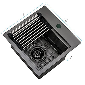 15 Inch Black Drop In Bar Sink Workstation-Bokaiya 15x15 Black Stainless Steel Topmount Bar Sink Outdoor Rv Sink 16 Gauge Single Bowl Wet Bar Sink with Cutting Board