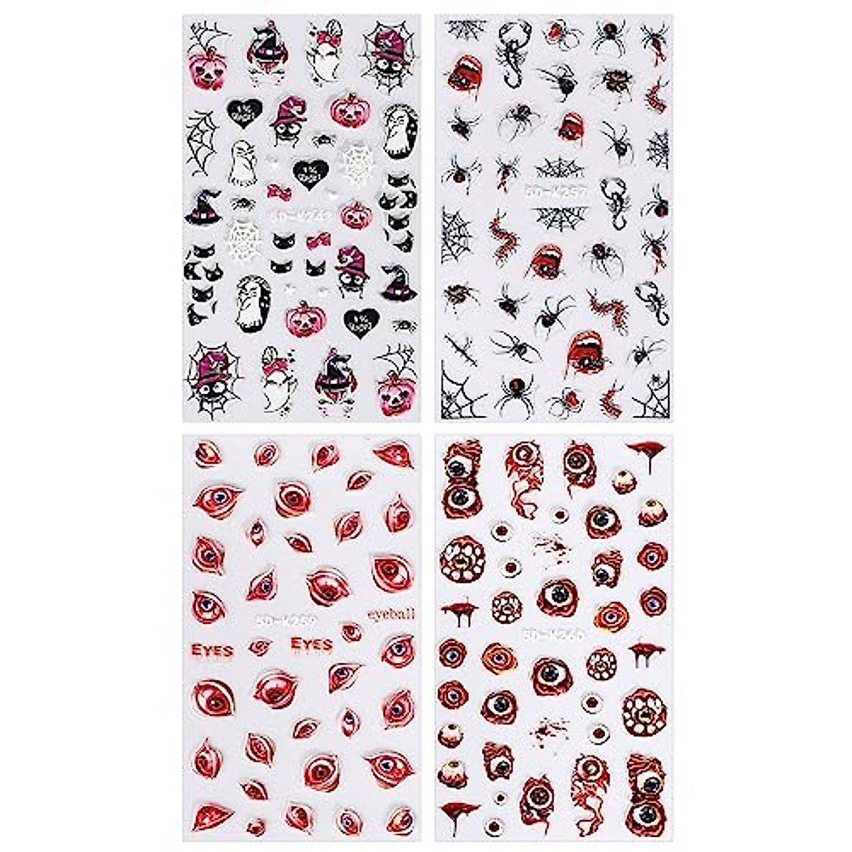 JMEOWIO 3D Embossed Halloween Nail Art Stickers Decals Self-Adhesive Pegatinas Uñas 5D Skull Horror Evil Eyes Bat Ghost Nail Supplies Nail Art Design Decoration Accessories 4 Sheets