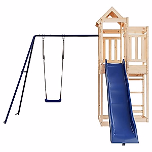 GOLINPEILO Outdoor Playset Solid Wood Pine, Garden Play Set with 1 Play Tower, 1 Wave Slide, 1 Single Swing Set, Modern Outdoor Backyard Children's Climbing Wood Playground Playset,-4549