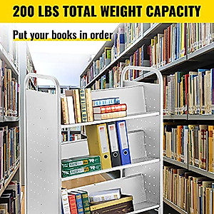 VEVOR Book Cart, 200lbs Library Cart, 35x19x49 Inch Rolling Book Cart Double Sided W-Shaped Sloped Shelves with 4-Inch Lockable Wheels, for Home Shelves Office and School Book Truck in White