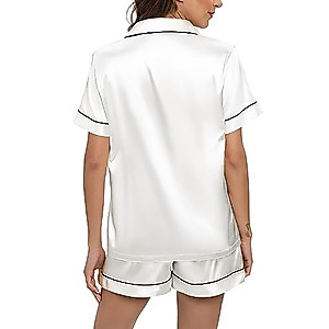 HPWUZK Womens Silk Satin Pajamas Set Short Sleeve Loungewear Two-Piece Sleepwear Button-Down Pj Set with Pockets White