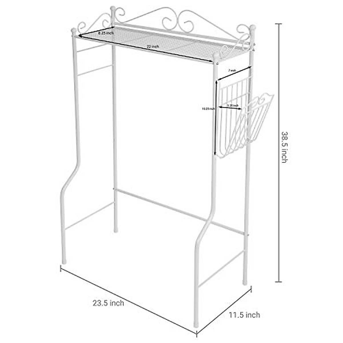 MyGift White Metal Bathroom Over The Toilet Shelf with Magazine Basket, Space Saver Freestanding Storage Organizer Rack