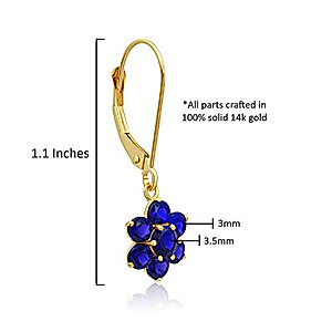 MAX + STONE 14k Yellow Gold Created Blue Sapphire Flower Dangle Earrings for Women with Leverback and September Birthstones