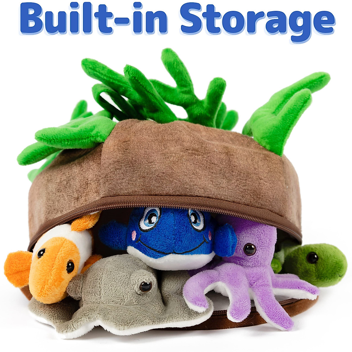 Prextex 5-pc Stuffed Sea Animal & Toy Storage | Soft Plush Sea Creatures Toys for Kids | Small/Mini Stuffed Animals in Bulk | Cute Toy Ocean Decor, Ocean Animals | Birthday Gift Bag, Party Favor/Decor