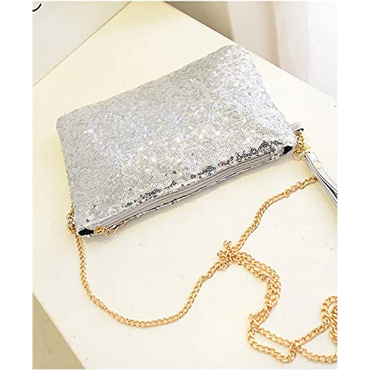 VINMEN Sparkling Glitter Sequins Evening Crossbody Clutch Bride Purse for Party Bling Handbag for Wedding (Silver)