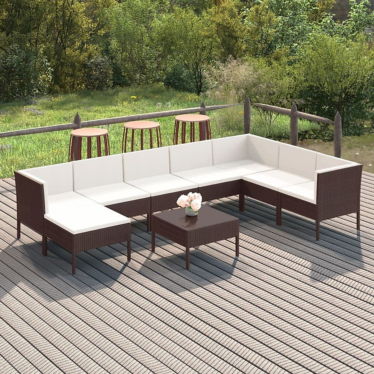 vidaXL 9-Piece Outdoor Patio Lounge Set - Weather-Resistant PE Rattan Furniture with Cushions - Powder-Coated Steel Frame - Perfect for Garden, Deck and Backyard - Brown with Cream White Cushions