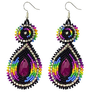 Handmade Seed Beaded Teardrop Hook Earrings (Purple Black)