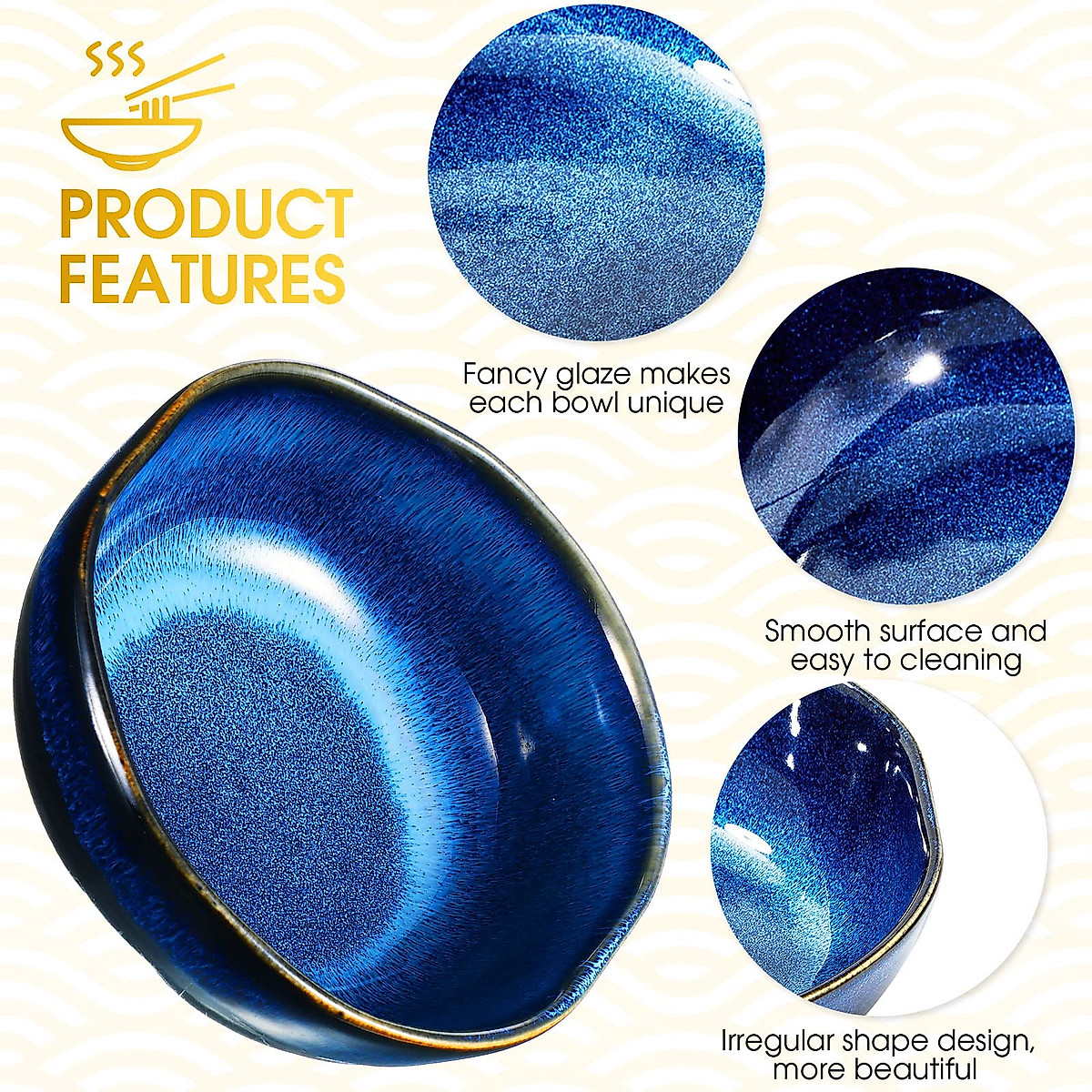 3 Pieces Ceramic Salad Bowls Ramen Bowls Blue Mixing Bowls Porcelain Serving Bowls Ceramic Microwave and Dishwasher Safe for Soup Pasta Noodles Salad Nesting Bowls, 13 Oz 27 Oz 47 Oz