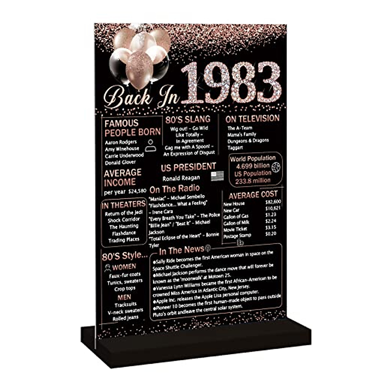 Vlipoeasn 40th Birthday Anniversary Table Decoration 1983 Poster for Women, Rose Gold Back in 1983 Acrylic Table Sign with Wooden Stand, 40 Year Old Birthday Party Centerpieces Gift Supplies