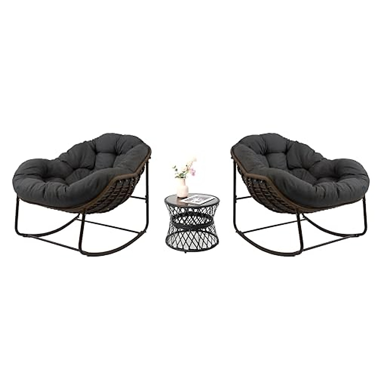 Hubhalsun Deluxe Patio Rocking Chair with Padded Cushion, Oversized Rattan Egg Rocking Chair, Indoor & Outdoor, Rocker Recliner Chair for Front Porch, Garden, Patio, Backyard (61611815-sets3-B)