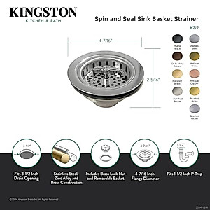 Kingston Brass K212 Tacoma Kitchen Sink Basket Strainer, Stainless Steel 4.44 x 4.44 x 2.31