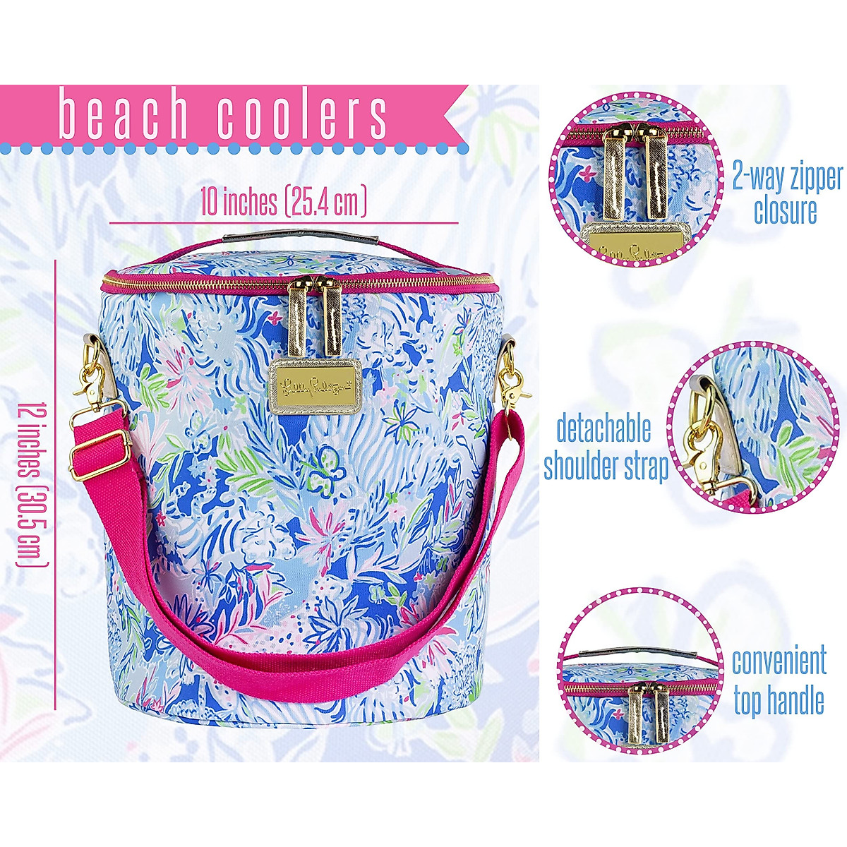 Lilly Pulitzer Insulated Soft Beach Cooler with Adjustable/Removable Strap and Double Zipper Close, Lion Around