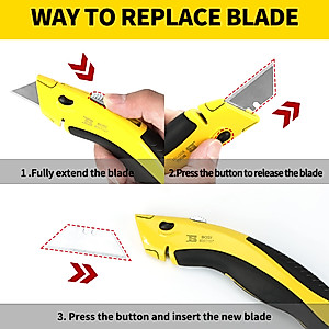 BOSI TOOLS Heavy Duty Utility Knife Retractable Box Cutter SK5 Stainless Steel Blade Quik Change Blade Storage Design 3 Spare Blades