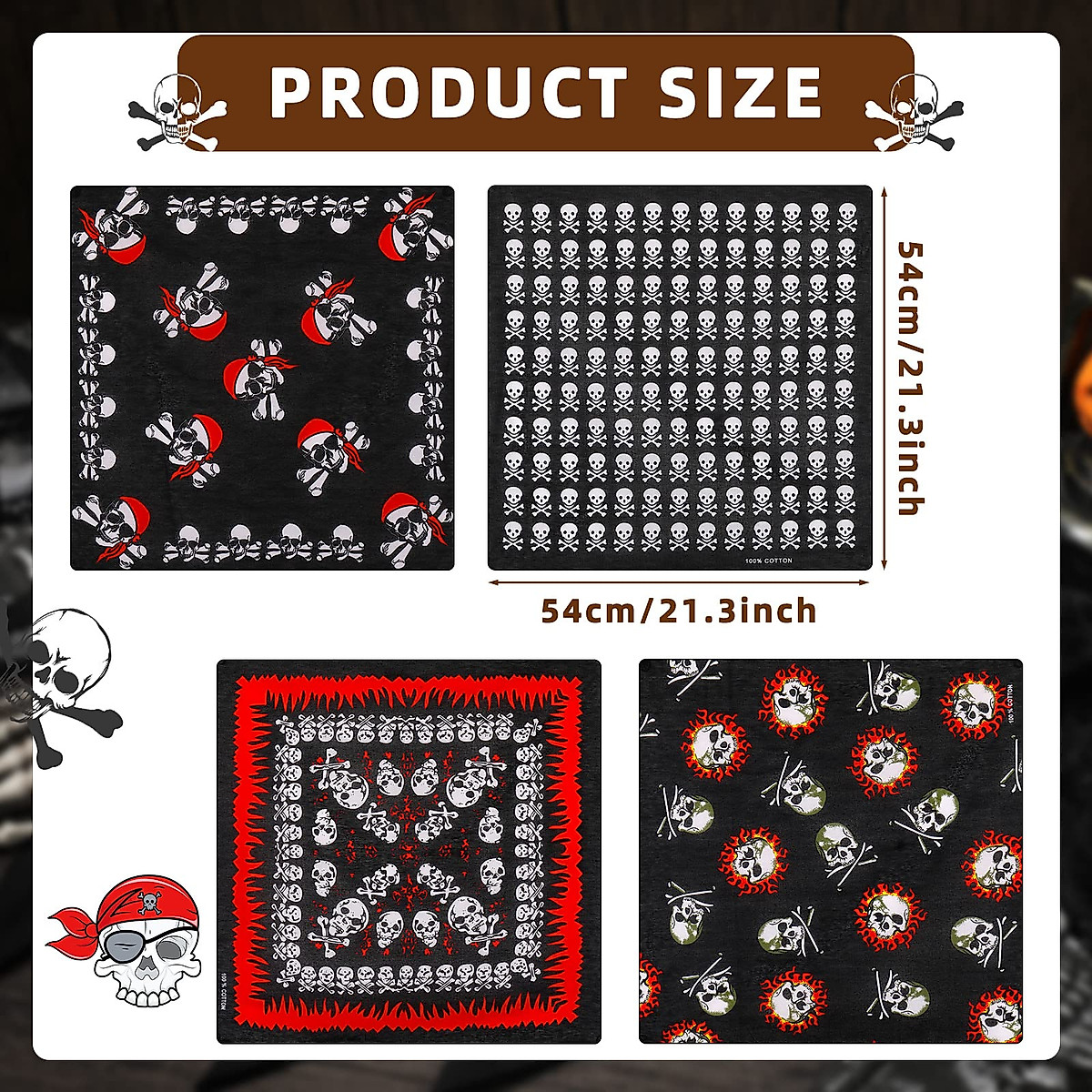 Jetec 4 Pcs Pirate Bandana for Men Cotton Squares Headwraps Pirate Skull Scarf Soft Lightweight Neckerchiefs Handkerchief(Fire Skull)