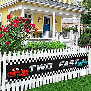 Black And White Two Fast Large Banner Sign Backdrop,Happy 2nd Birthday Party Banner,Happy 2 Years Old Birthday Party Decor,Checkerboard 2 Years Old Banner 9.8x1.6ft