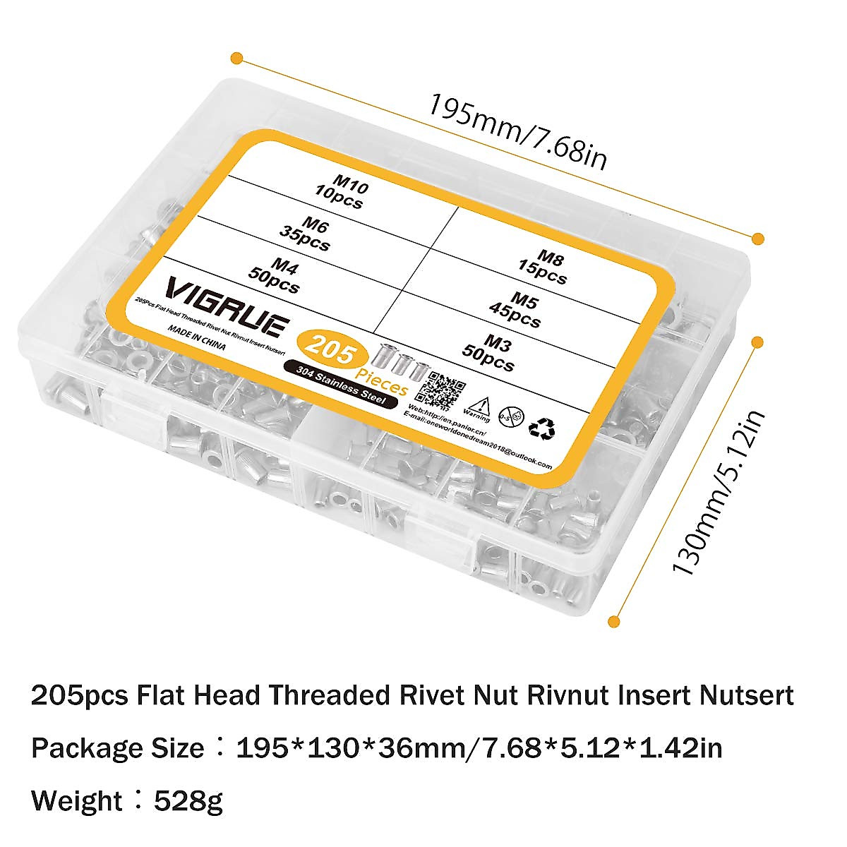 VIGRUE 205PCS 304 Stainless Steel Rivet Nut Assort Set Flat Head Threaded Rivetnut Insert Nutserts Assortment Kit(M3| M4| M5| M6| M8| M10)