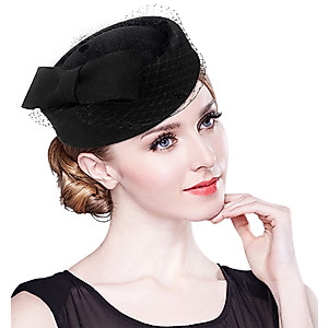 Z&X Winter Wool Fascinator British Pillbox Hat Women Wedding Church Derby Beret Hat Veil Bow Fedoras Black