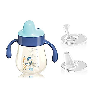 POTATO Weighted Straw Cups For Toddlers Spill Proof, PPSU Sippy Cup with Handles for Boy, Water Bottle for Baby 4 Months with 2 Type of Spout, 6 Ounce Sky Blue