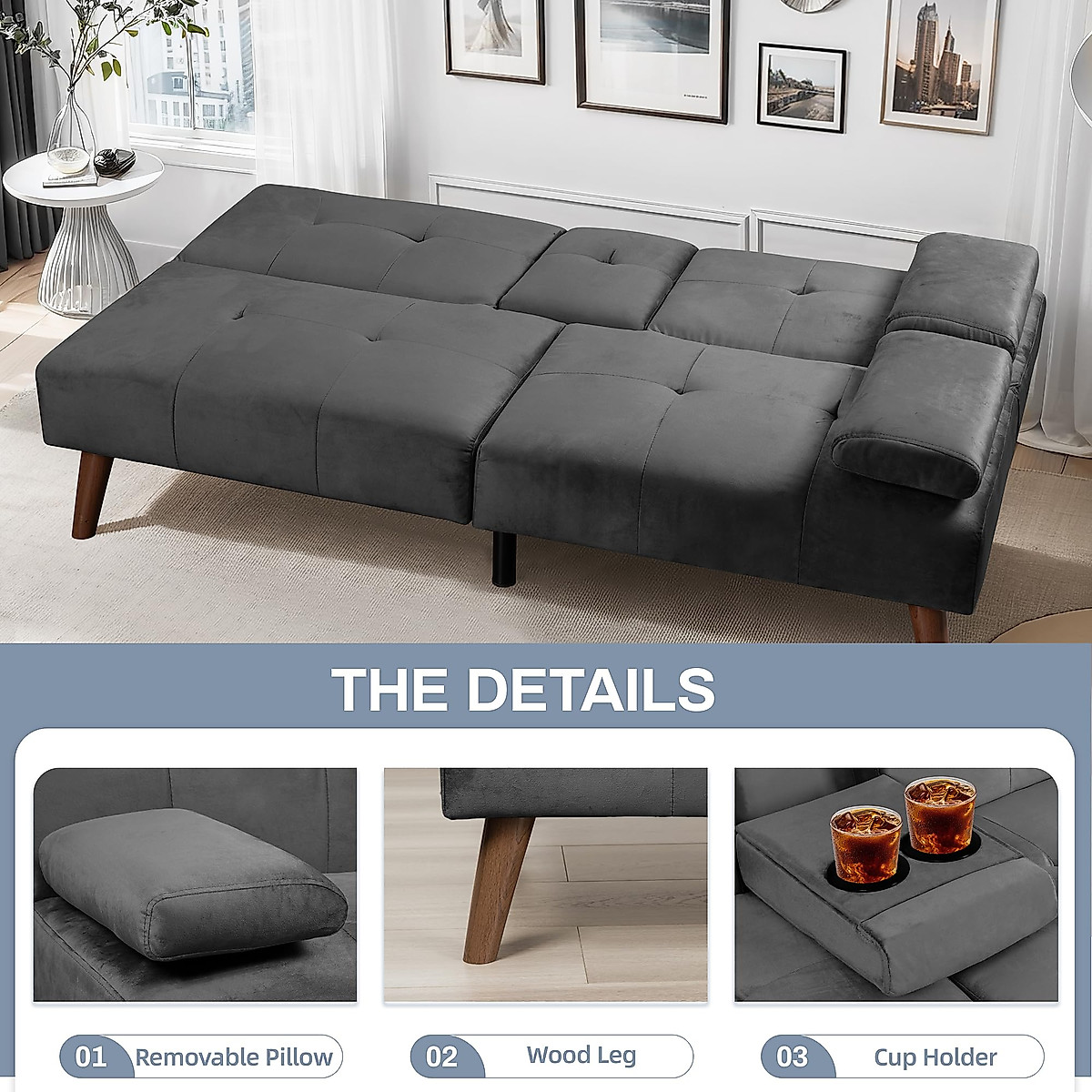 JAMFLY Futon Couch Sofa Bed Convertible, Small Sleeper Sofa Chair Loveseat with Cup Holder for Small Spaces, Living Room, Bedroom, Gameroom, Apartment, Dorm (Dark Gray)