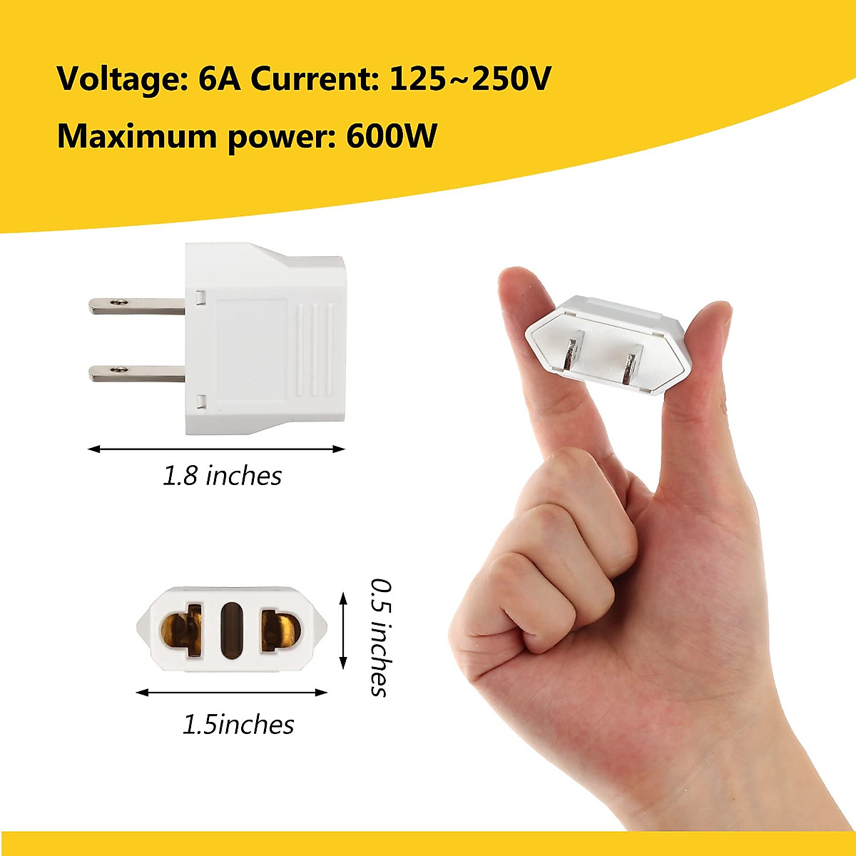 6 Pack European to US Plug Adapter, Travel Small European to American Outlet Plug Adapter, European Plug Adapter to USA Power Converter (White)