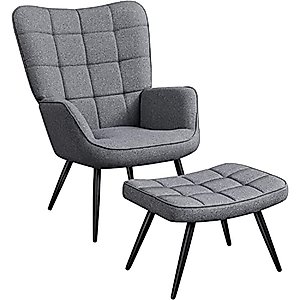 Yaheetech Accent Chair with Footrest, Armchair and Ottoman with High Back and Metal Legs Single Oversized Sofa Club Chair and Ottoman Set for Living Room Bedroom Office, Grey