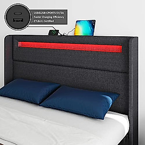LUXOAK Queen LED Bed Frame with Wingback Headboard, Upholstered Platform Bed with 4 Storage Drawers & Charging Station, App/Remote Control, Box Spring Optional, Dark Grey…