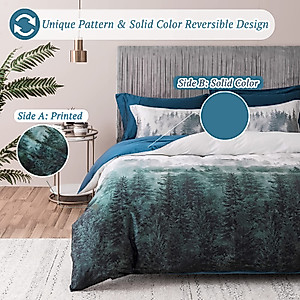 MILDLY 100% Long Staple Cotton Mountain Duvet Cover Set, Blue Green Gradient Trees Pattern Printed Comforter Cover Set
